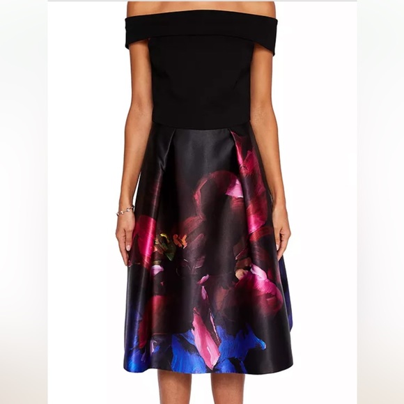 Ted Baker | Dresses | Ted Baker Kimey Impressionist Bardot Aline Midi Dress Blackmulti Size L3 ...